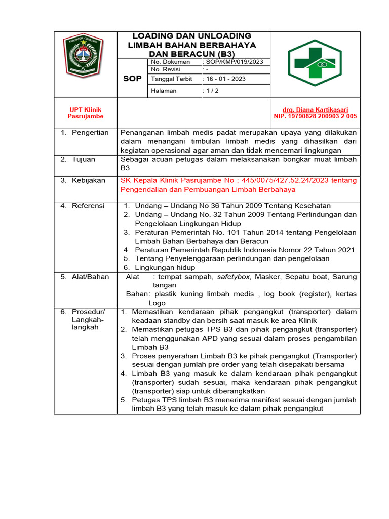 SOP - Loading Dan Unloading Limbah B3 PASRU | PDF | Sains & Matematika