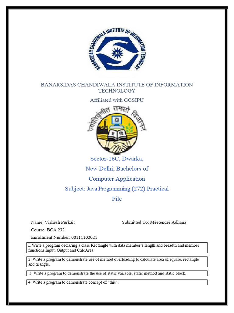 BCA Java Programming Practicals | PDF | Method (Computer Programming) | Computer Program