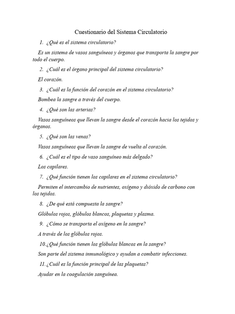 Cuestionario Del Sistema Circulatorio | PDF | Sistema circulatorio | Sangre