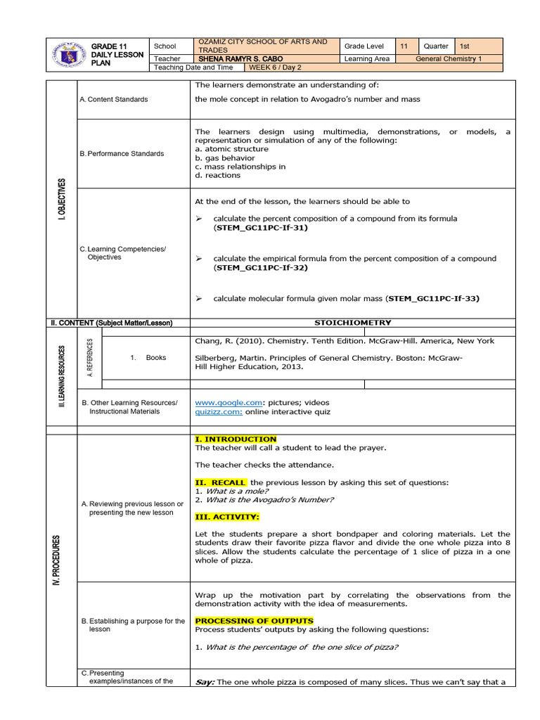 Grade 11 Chemistry Lesson Plan: Stoichiometry | PDF | Percentage ...
