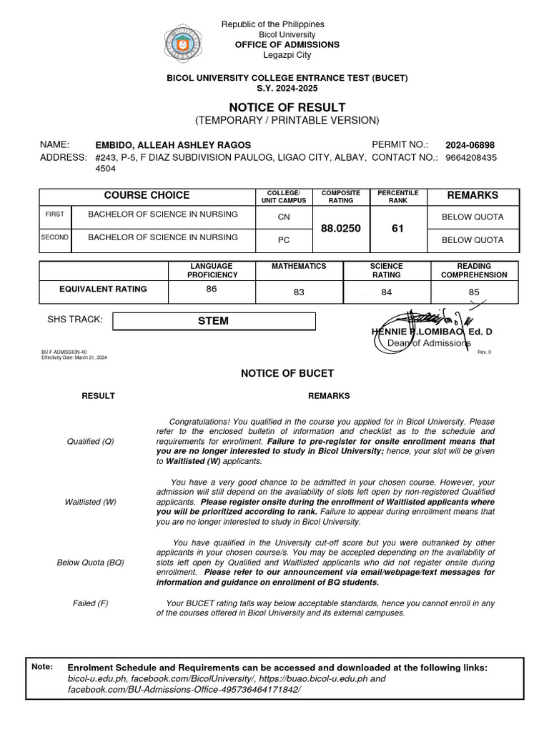 Bucet Result 2024-Embido Alleah Ashley Ragos | PDF Bucet Result 2024-Embido Alleah Ashley Ragos | PDF
