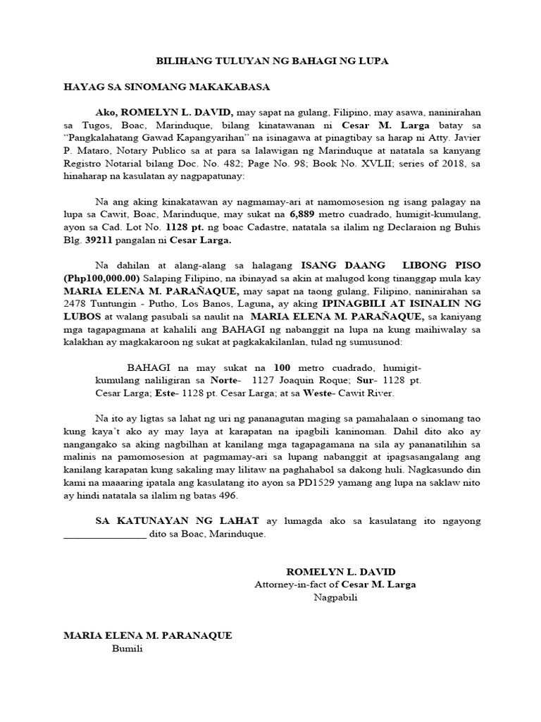 BILIHANG TULUYAN NG BAHAGI NG LUPA Cawit | PDF BILIHANG TULUYAN NG BAHAGI NG LUPA Cawit | PDF
