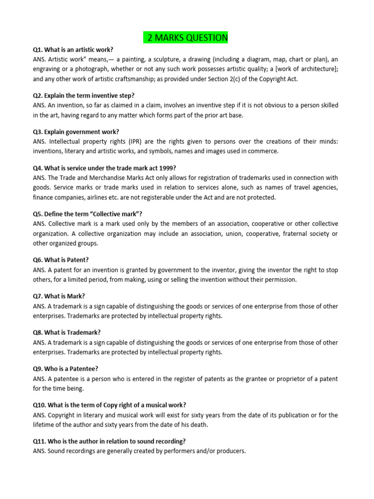 IPR Question and Answer | PDF | Patent Application | Patent