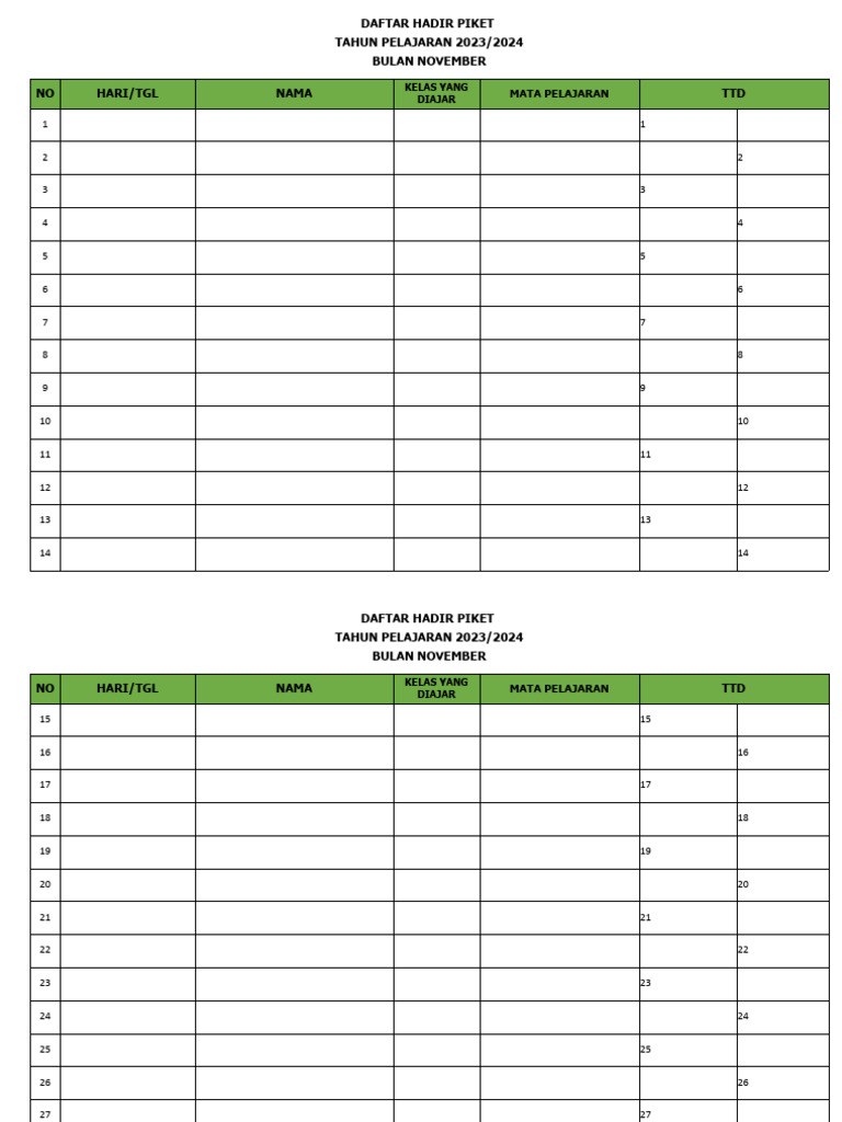 Daftar Hadir Piket November 2023/2024 | PDF