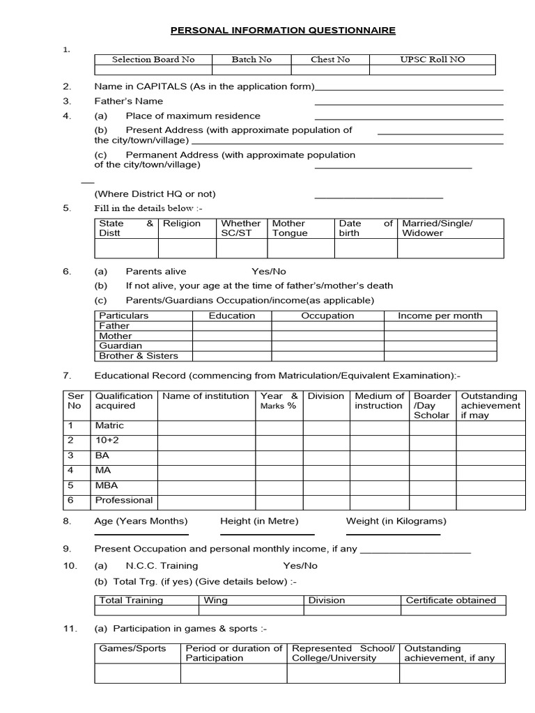 Personal Information Questionnaire: Marks | PDF | Qualifications | Educational Stages
