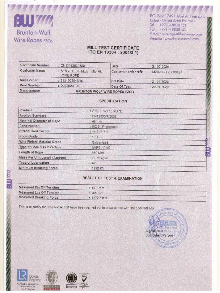 M-42. OCEANLEC 322 - Steel Wire Rope Manufacturer Certificate ...