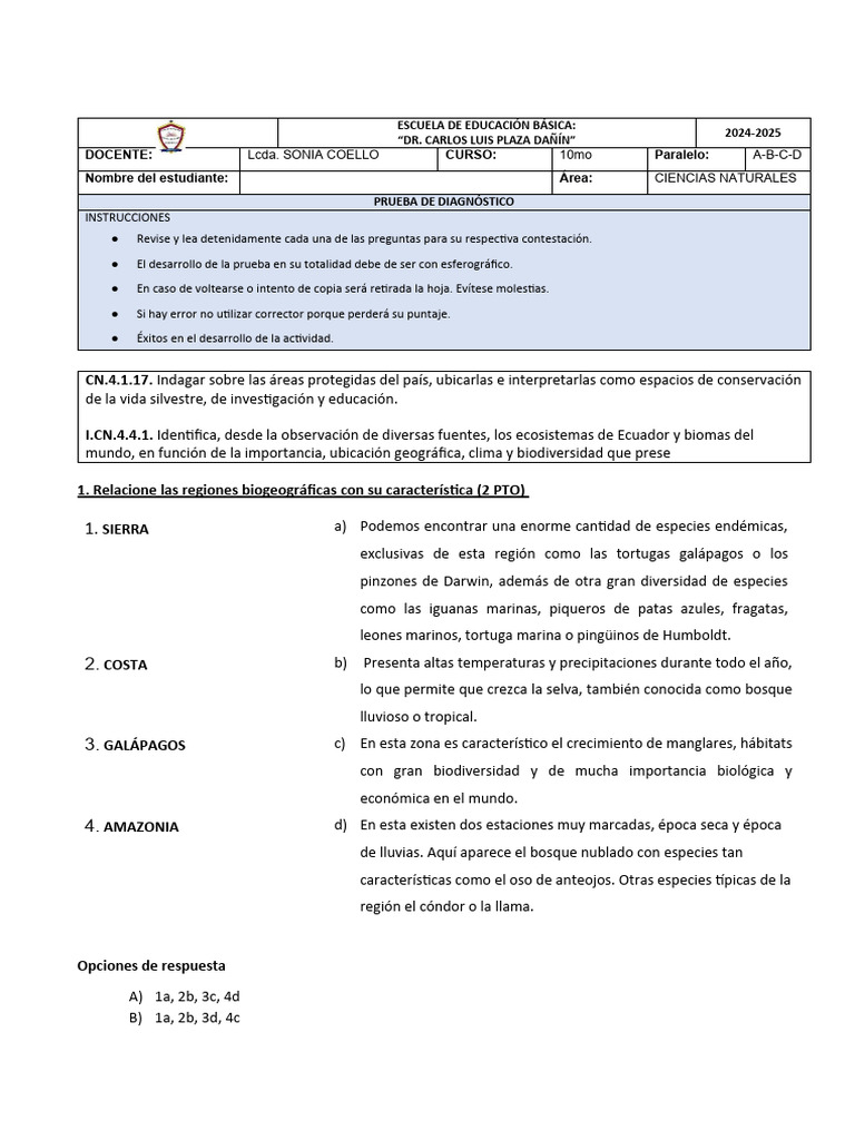 PRUEBA DE DIAGNOSTICO DESTREZAS 10MO Y 8VO CIENCIAS NATURALES | PDF ...