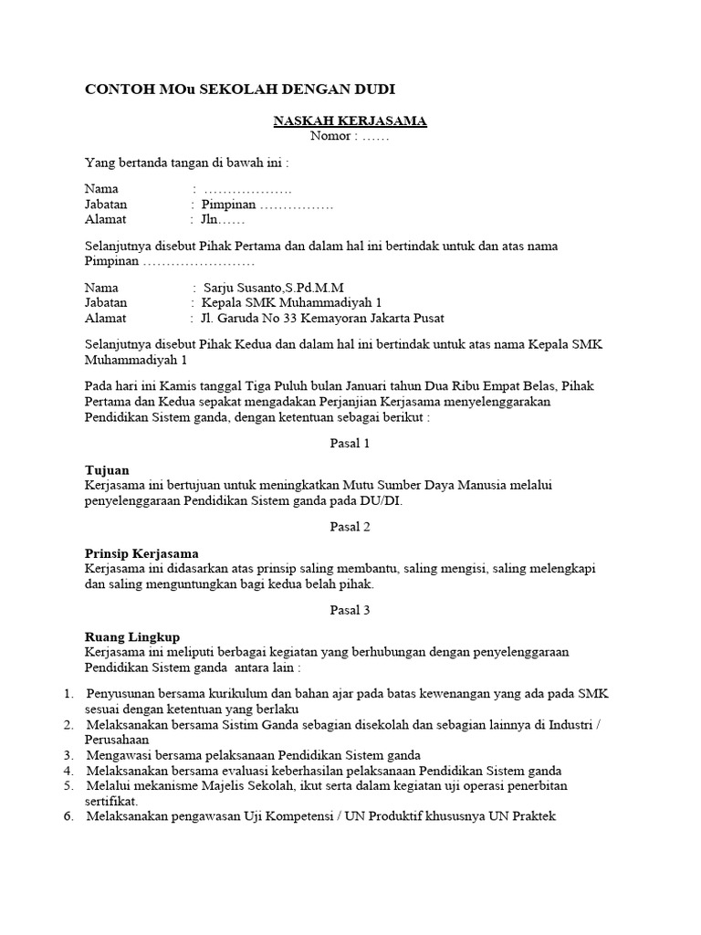 Contoh Mou Sekolah Dengan Dudi | PDF