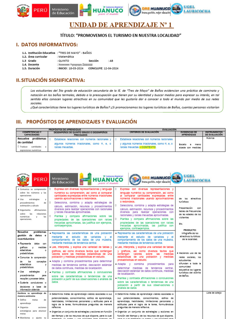 Unidad de Aprendizaje - 5to 2024 | PDF | Aprendizaje | Evaluación