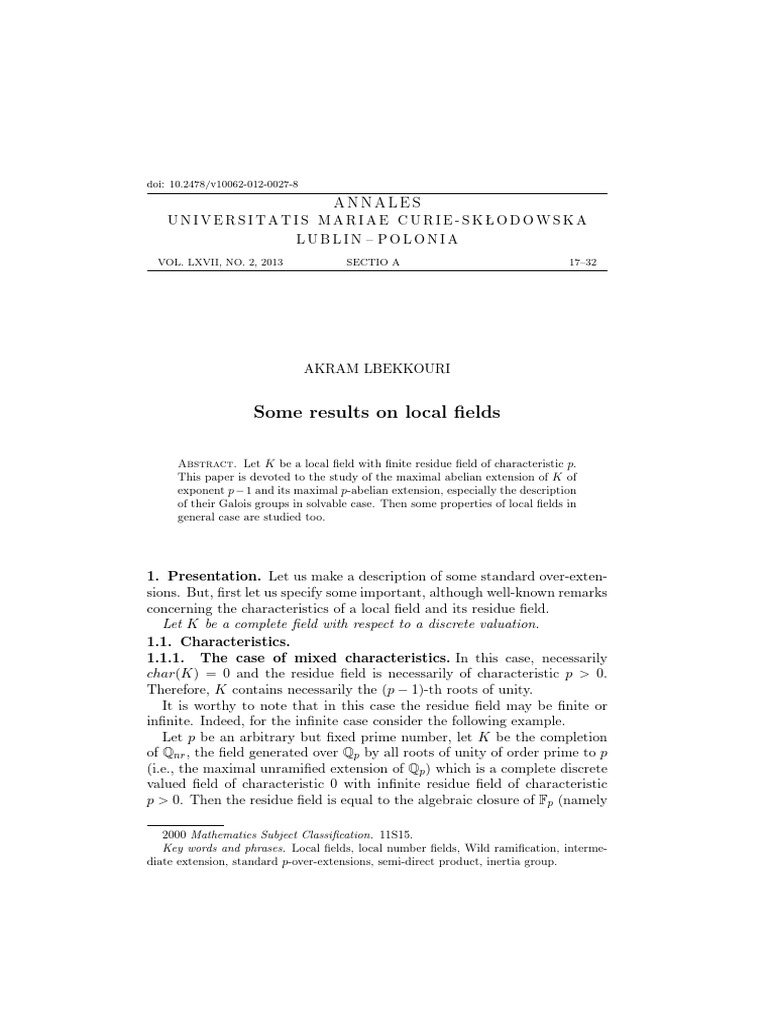 Some Results On Local Fields | PDF | Field (Mathematics) | Group (Mathematics)