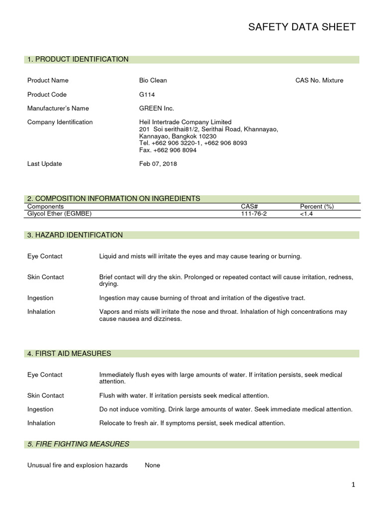 SDS - G114 Bio Clean | PDF | Materials | Chemistry
