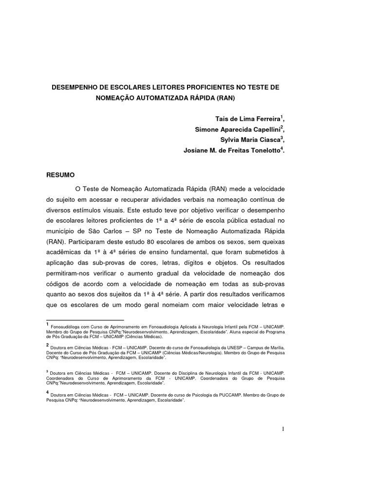 Desempenho no Teste RAN em Escolares | PDF | Aprendizado | Cor