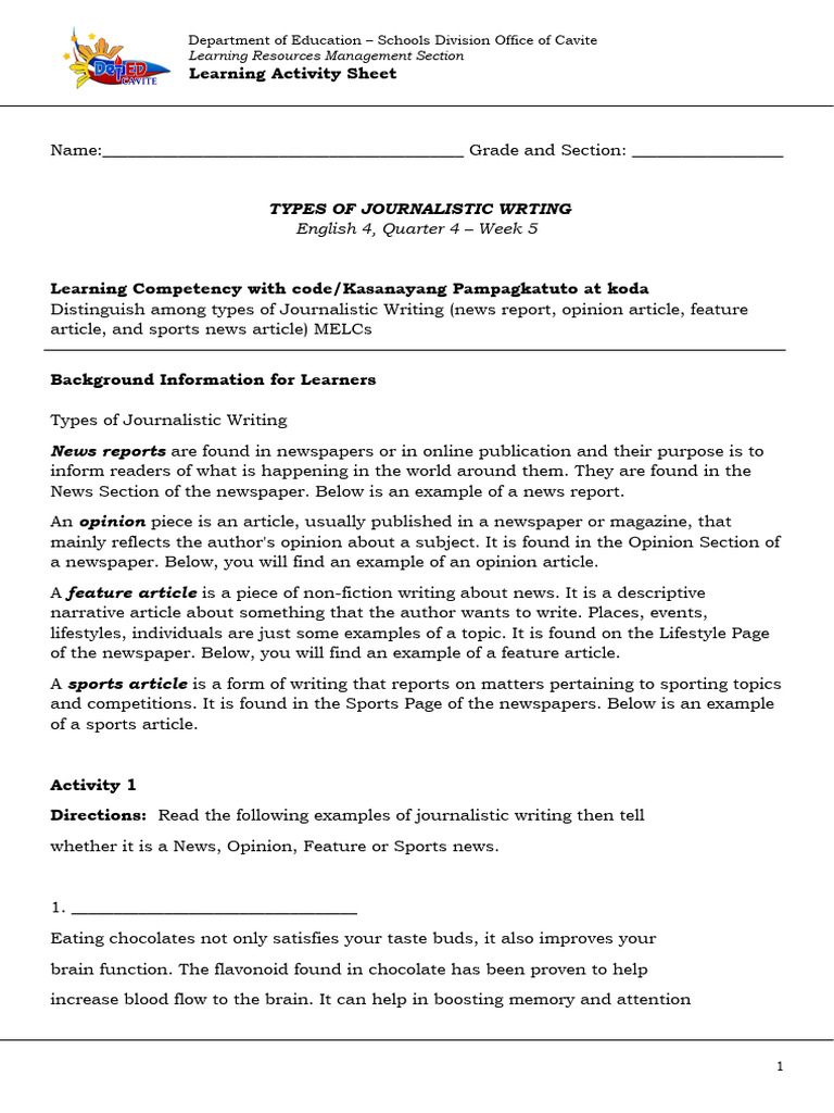 Types of Journalistic Writing for Grade 4 | PDF | Newspapers | News