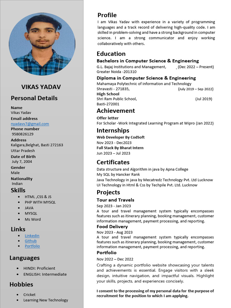 VikasYadav CV | PDF | Computing | Computer Science