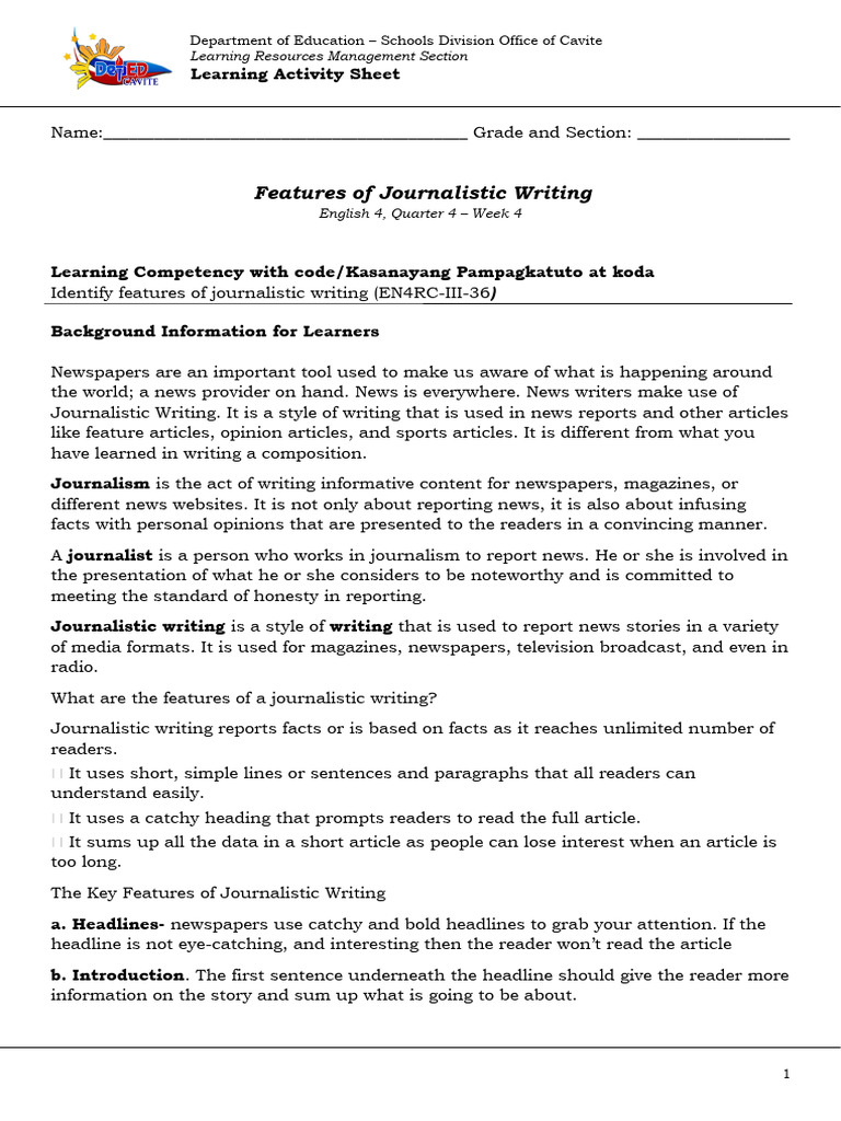 Las English 4 - Features of Journalistic Writing | PDF | News | Journalism