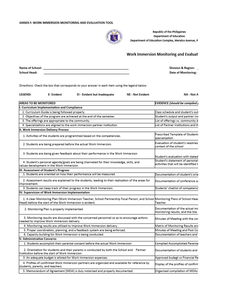 Work Immersion Monitoring Tool Guide | PDF | Evaluation | Monitoring ...