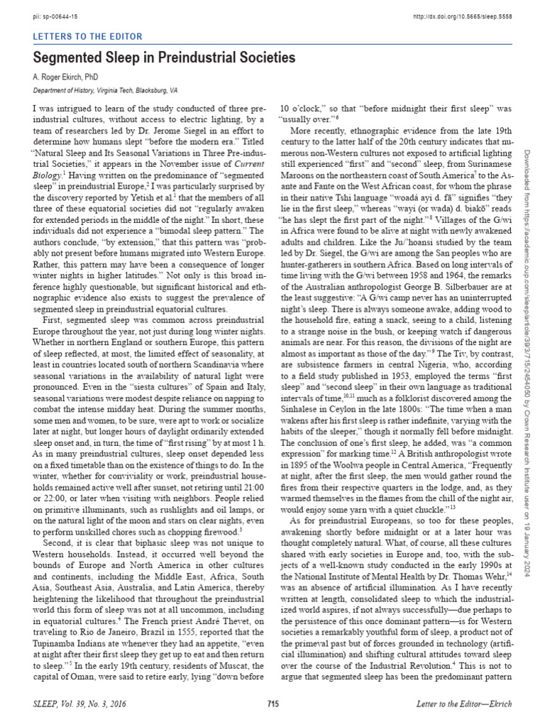 Preindustrial Segmented Sleep | PDF | Sleep | Animal Physiology