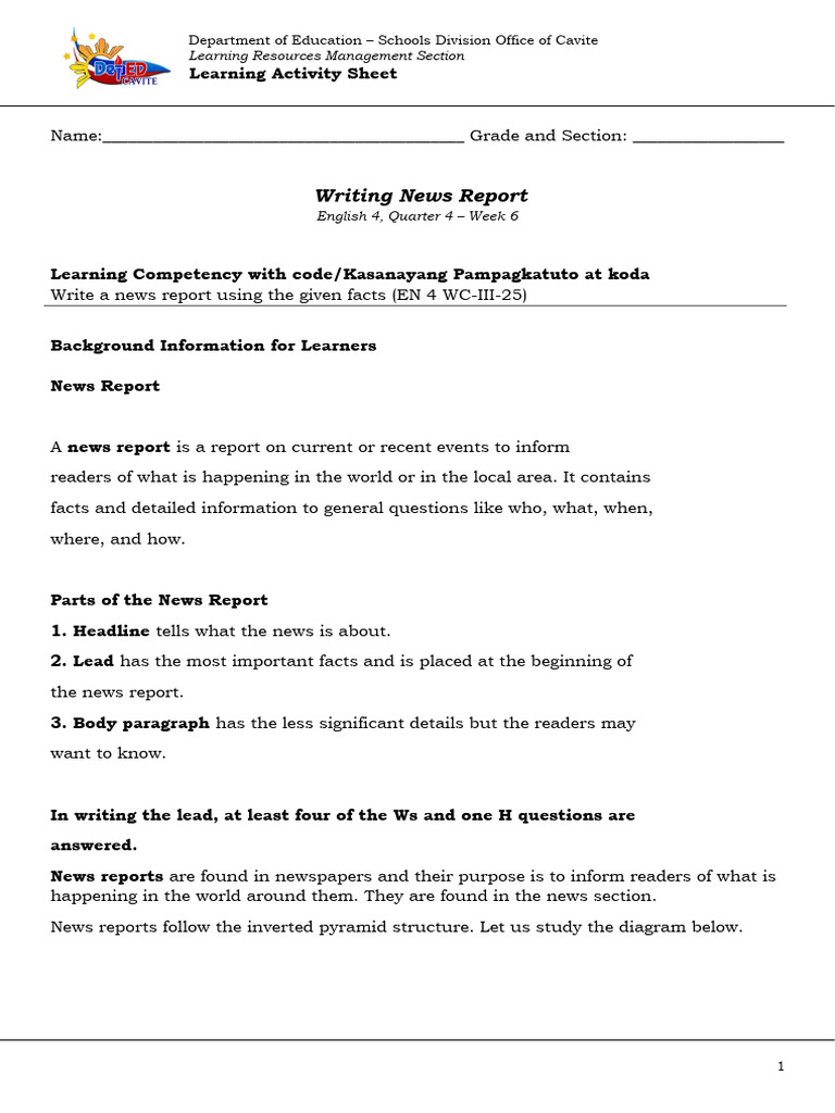 Las English 4 - Writing News Report | PDF | News