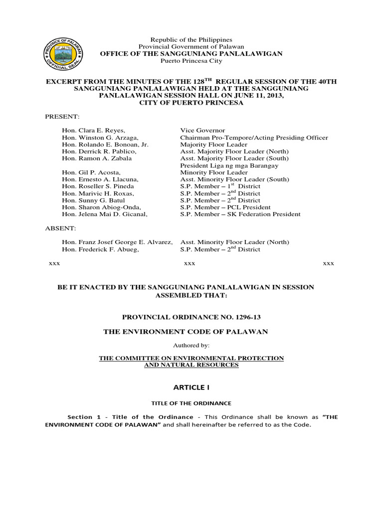 PALAWAN ENVIRONMENTAL CODE | PDF | Sustainability | Environmental ...