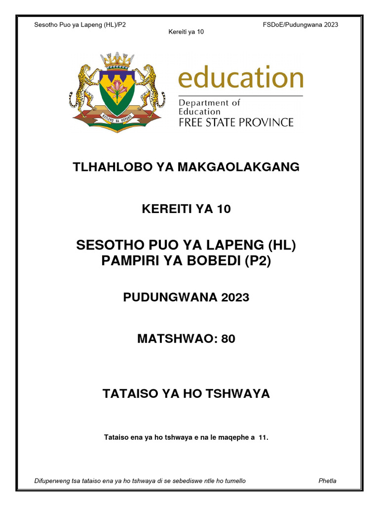 Grade 10 Sesotho HL P2 MG Pudungwana 2023 | PDF