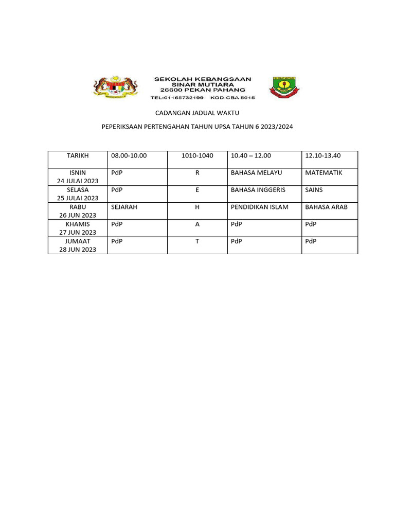 Cadangan Jadual Waktu Upsa Thn 6 2023 | PDF