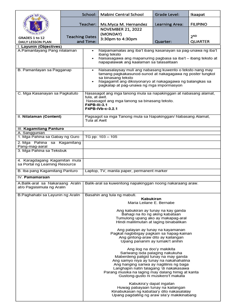 Original Lesson Plan in Filipino 2 | PDF