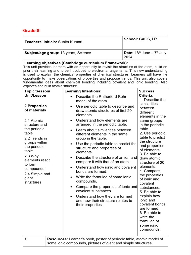 Lesson Plan G8 June-July2 | Download Free PDF | Ionic Bonding ...