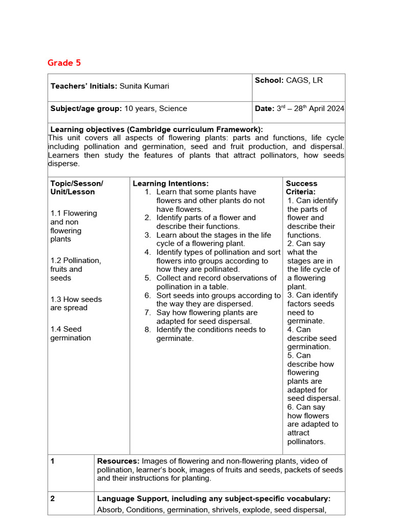 Lesson Plan G7 June-July | PDF | Flowers | Seed