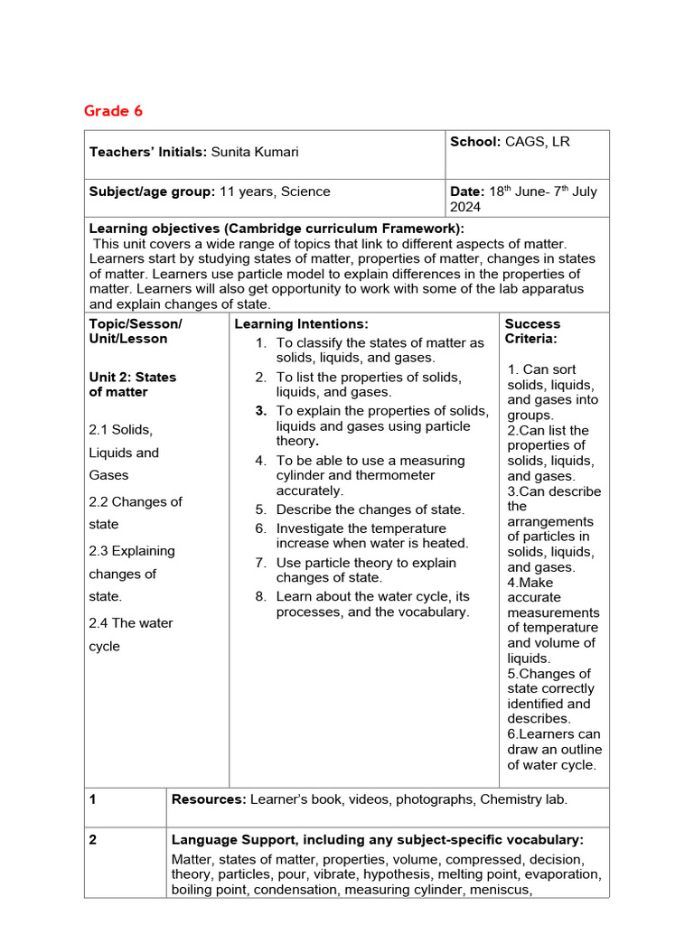 Lesson plan June-july G6 | PDF | Gases | Water