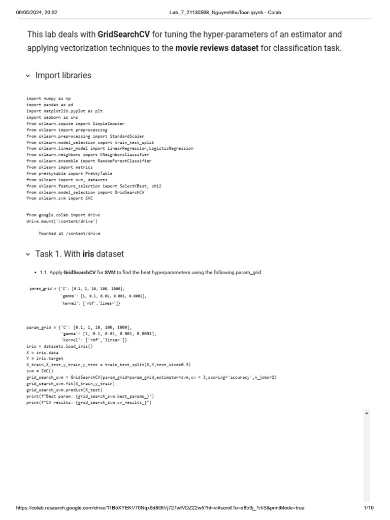 Lab_7_21130568_NguyenNhuToan.ipynb - Colab | PDF | Support Vector Machine | Statistical ...