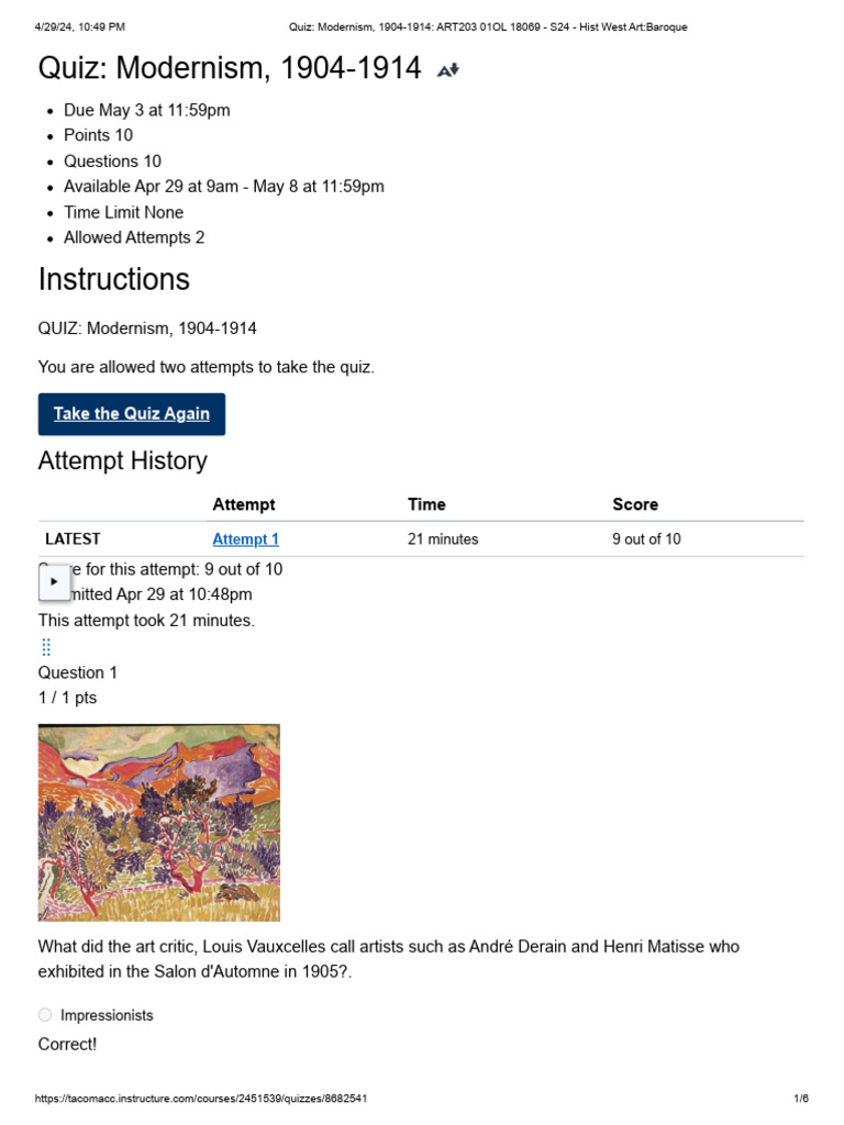 Quiz 4 Modernism, 1904-1914 - ART203 01OL 18069 - S24 - Hist West Art - Baroque | PDF ...