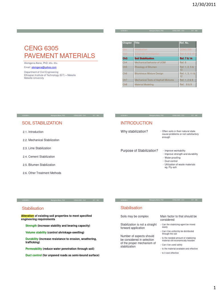 CENG 6305 Ch3 Soil Stabilization | PDF | Cement | Lime (Material)