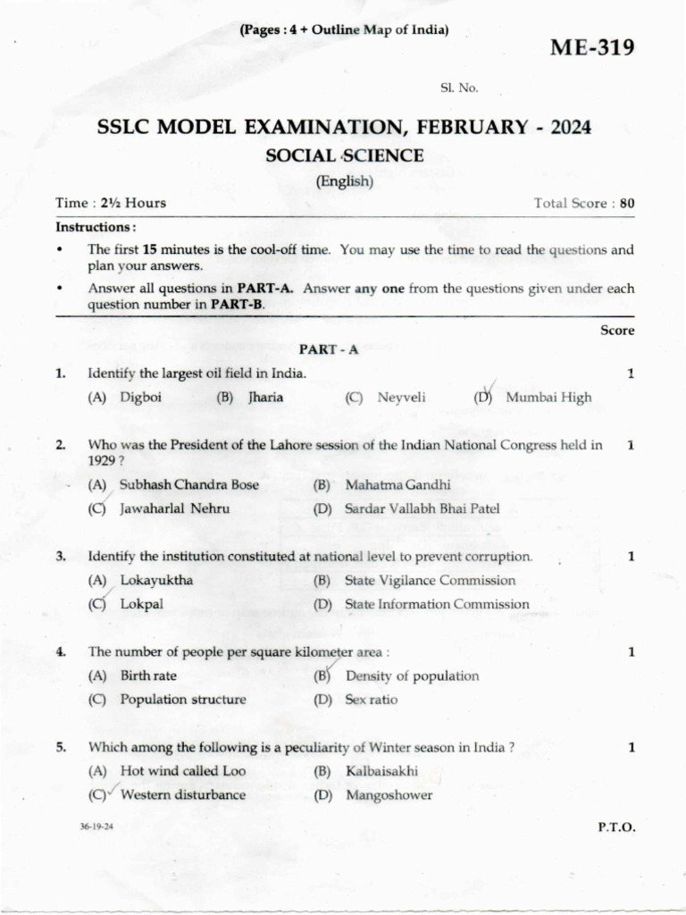 Kerala SSLC Model Exam 2024 Social Science Question Paper EM | PDF