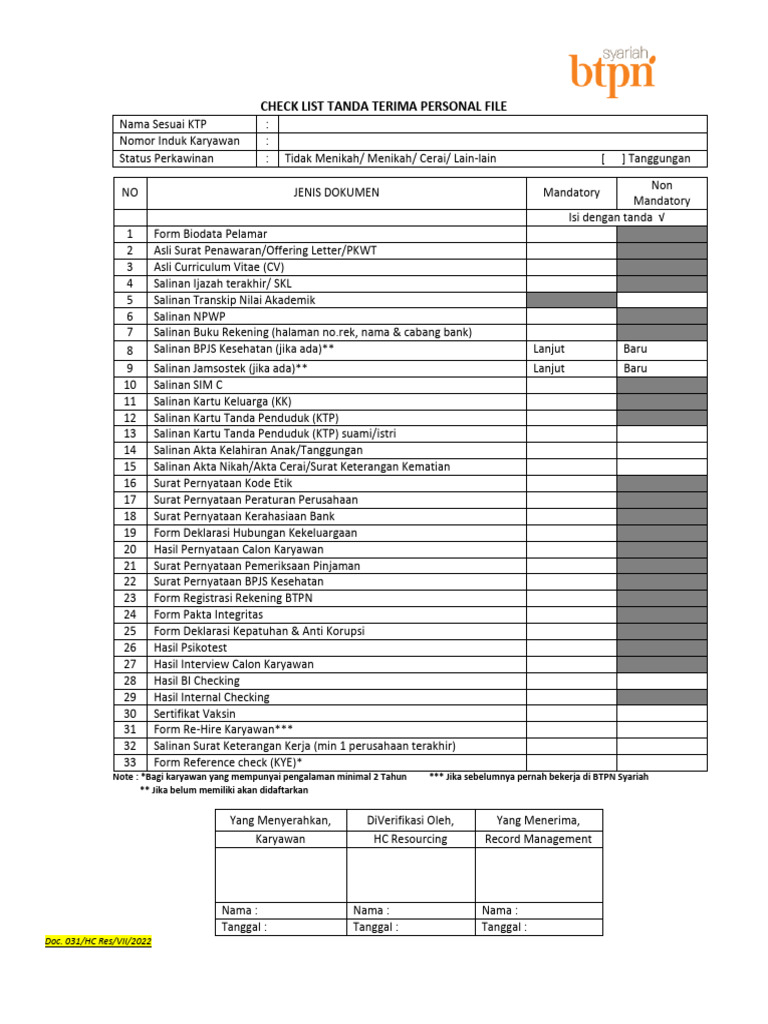 Checklist Personal File MMS - Organized | PDF