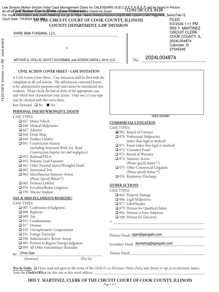 Civil Action Cover Sheet - Case Initiation (12/01/20) CCL 0520 in The ...
