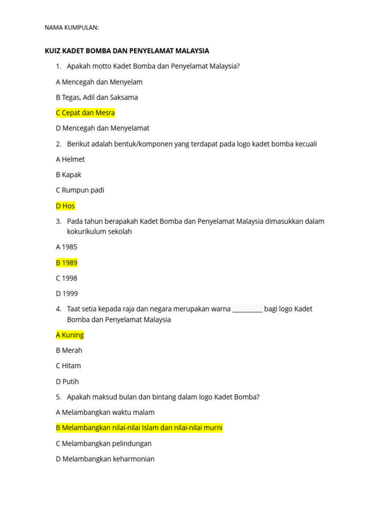 Kuiz Kadet Bomba Dan Penyelamat Malaysia | PDF