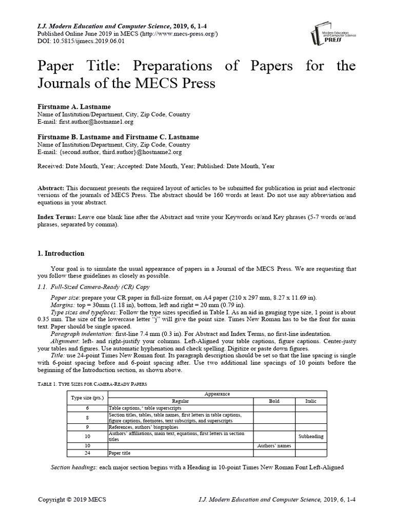 TEMPLATE IJMECS-Preparation - Instruction | PDF | Note (Typography) | Typefaces