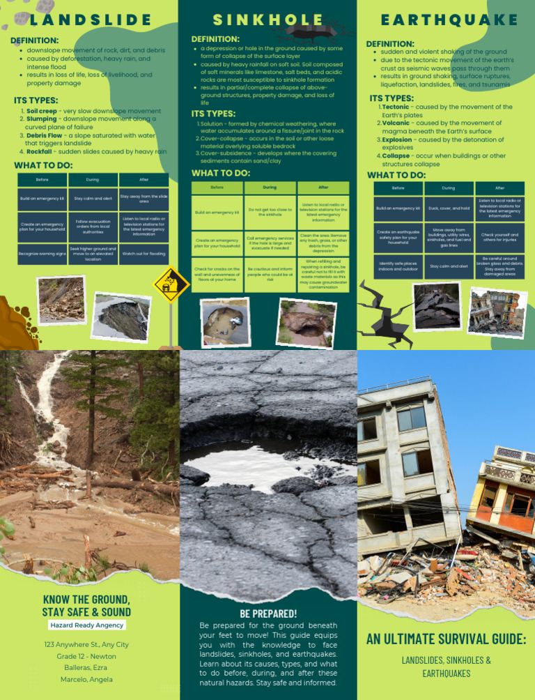 DRRR BROCHURE - Landslides, Earthquakes, Sinkholes | PDF | Landslide | Soil