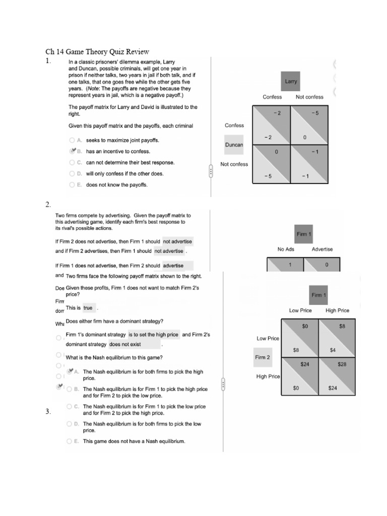 Game Theory Quiz Review Guide | PDF | Auction | Auction Theory