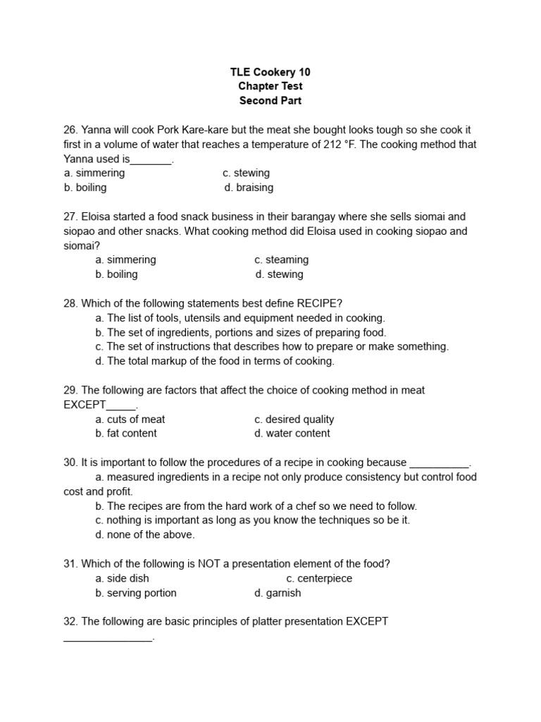 TLE Cookery 10 - Chapter Test Part 2 | PDF | Cooking | Beef