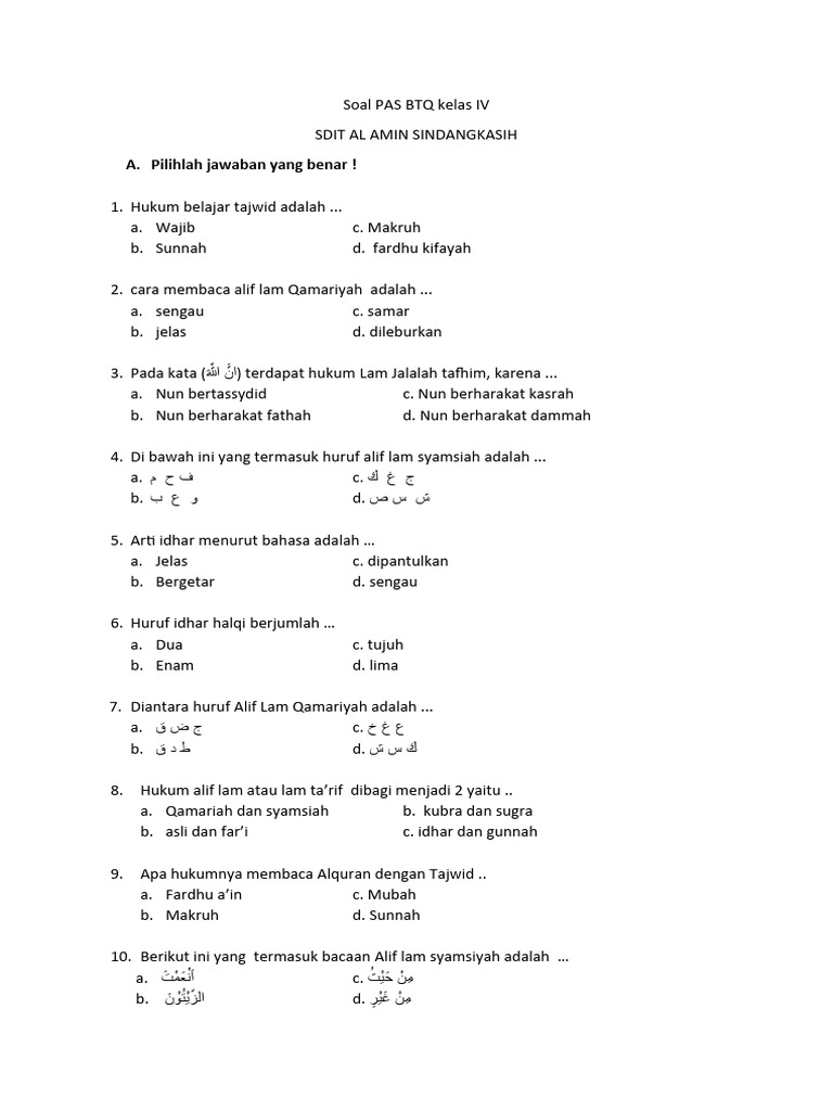 Soal PAS BTQ Kelas IV SDIT | PDF