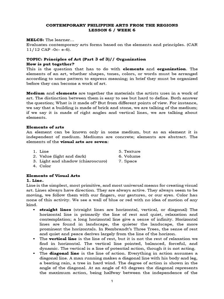 CPAR Lesson 6 Organization in Arts | PDF | Color | Hue