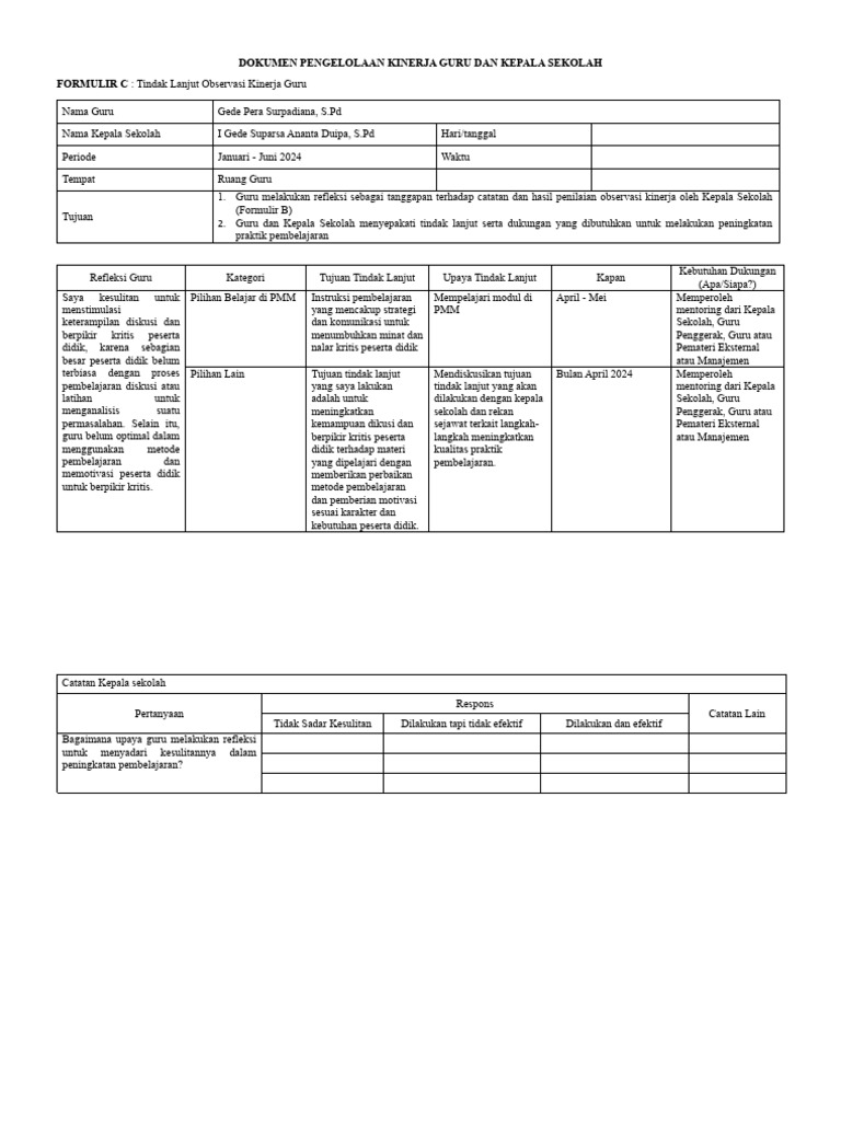FORMULIR C Tindak Lanjut Observasi Kinerja Guru | PDF