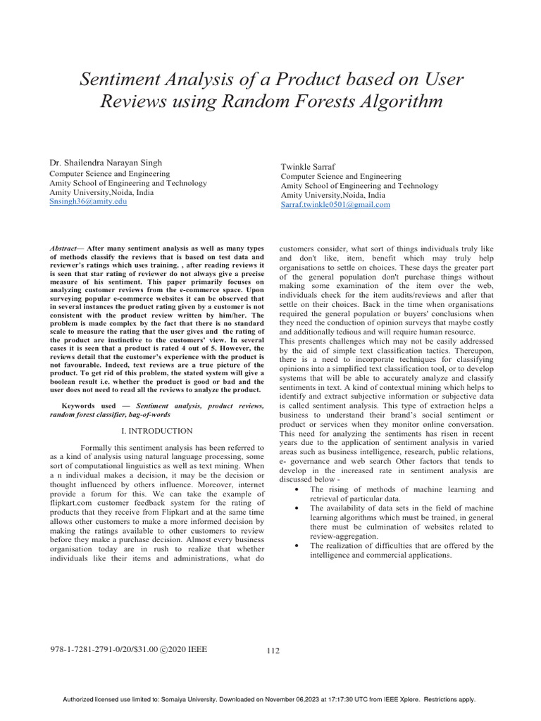 Sentiment Analysis Of A Product Based On User Reviews Using Random Forests Algorithm Pdf 9805