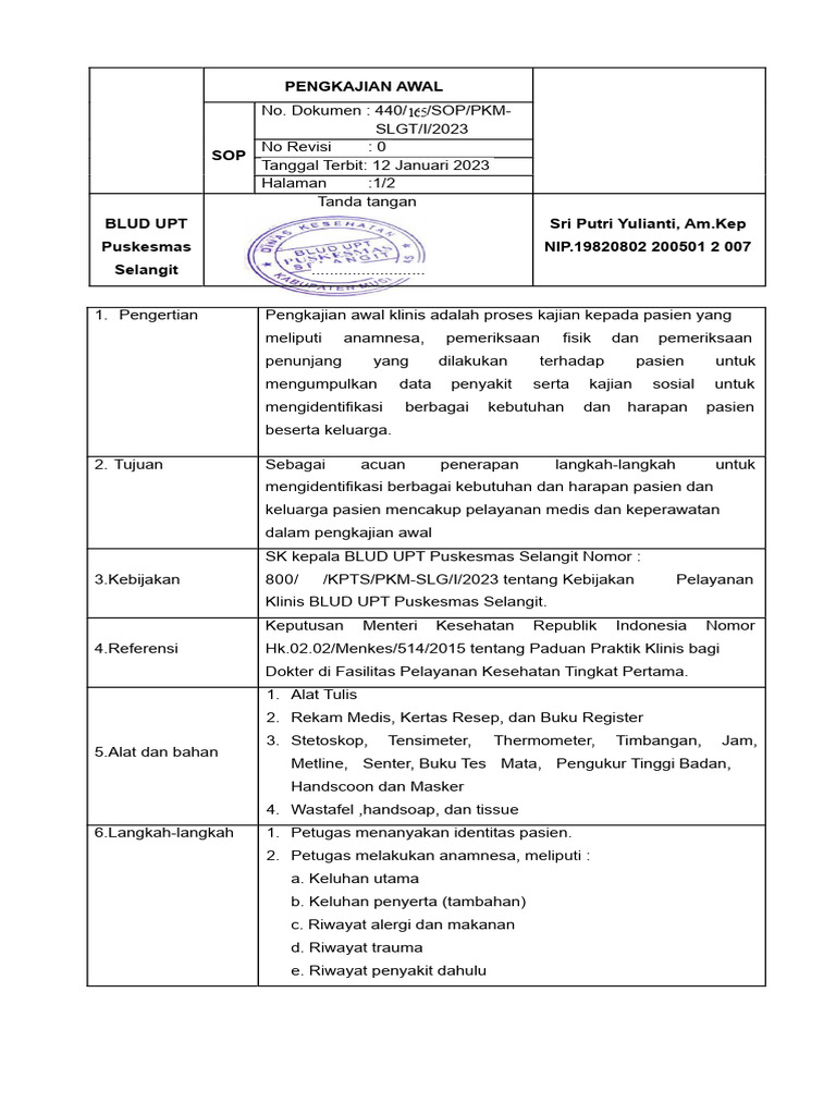 Proses Pengkajian Awal Klinis Pasien | PDF
