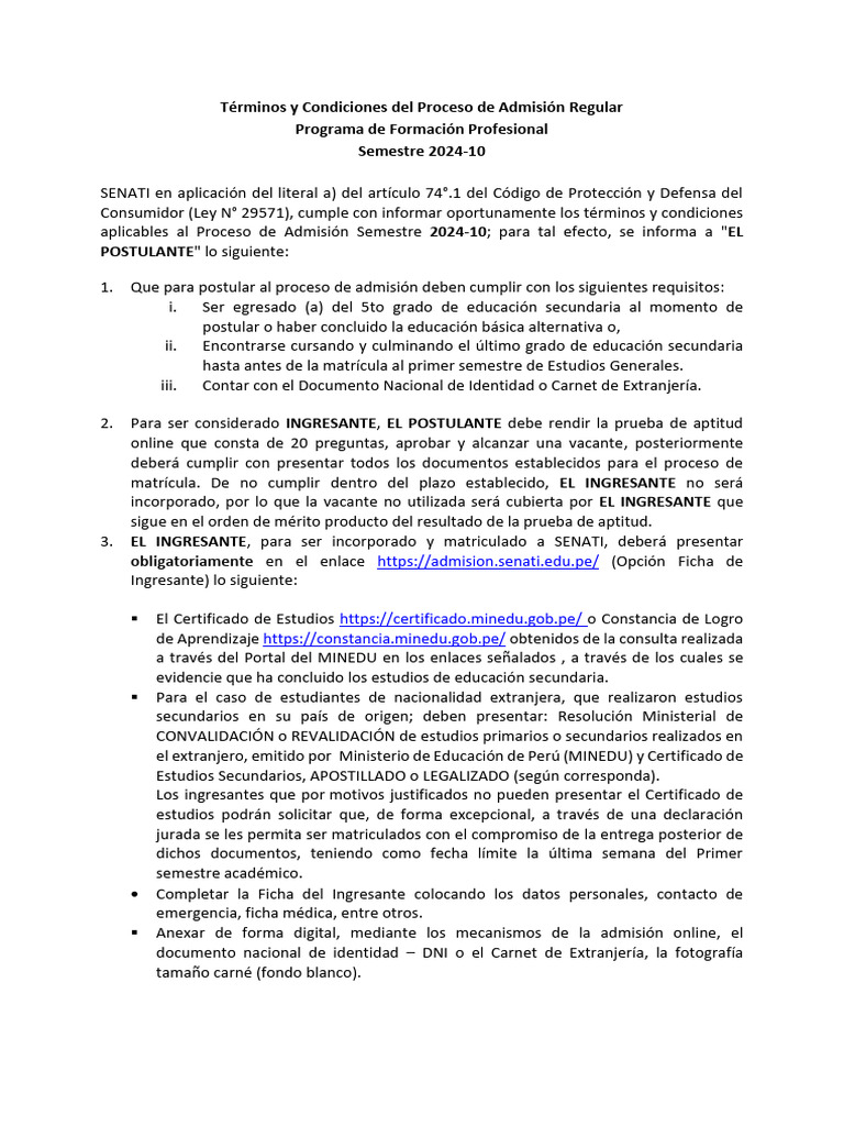 Terminos y Condiciones Admision Regular 2024 10 Semipres y Remoto VF 29 09 2023 Final 1 1 | PDF ...