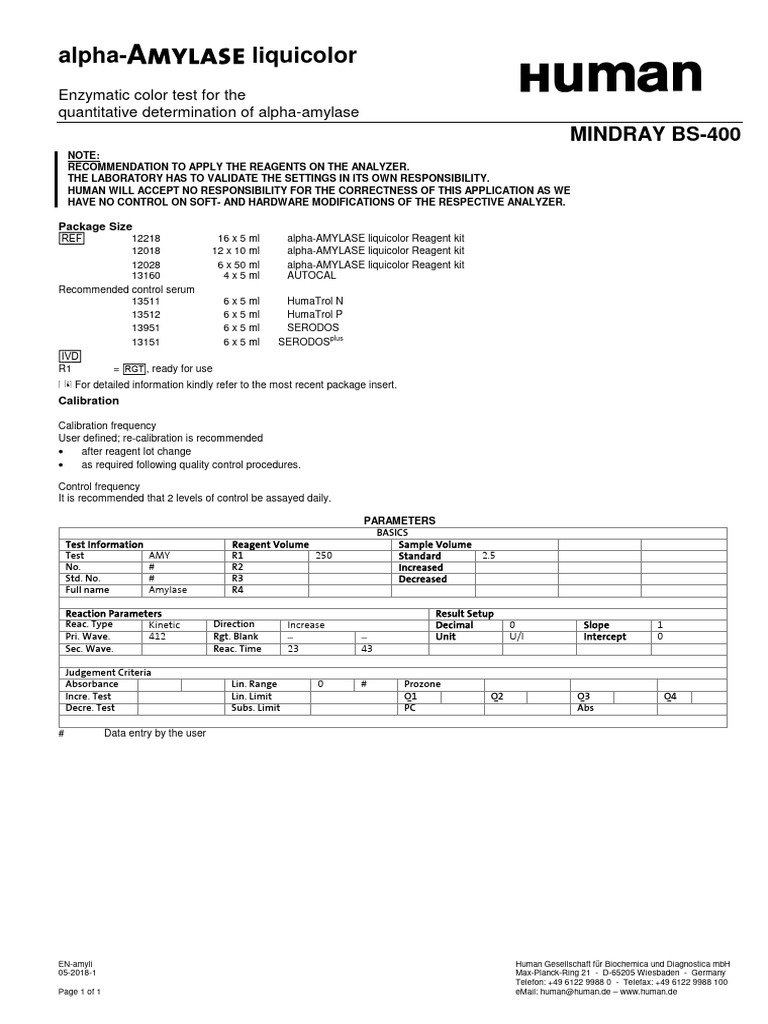 Alpha-Amylase Mindray bs-400 | PDF