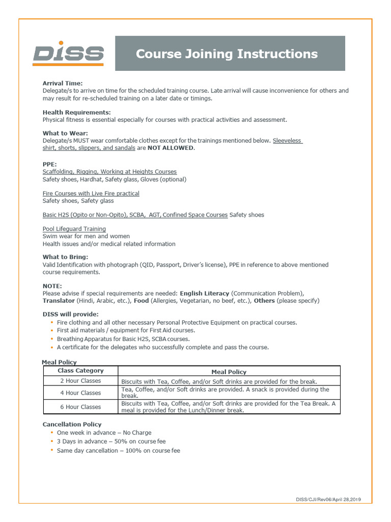 DISS Course Joining Instructions Rev 06.1 | PDF | Personal Protective ...