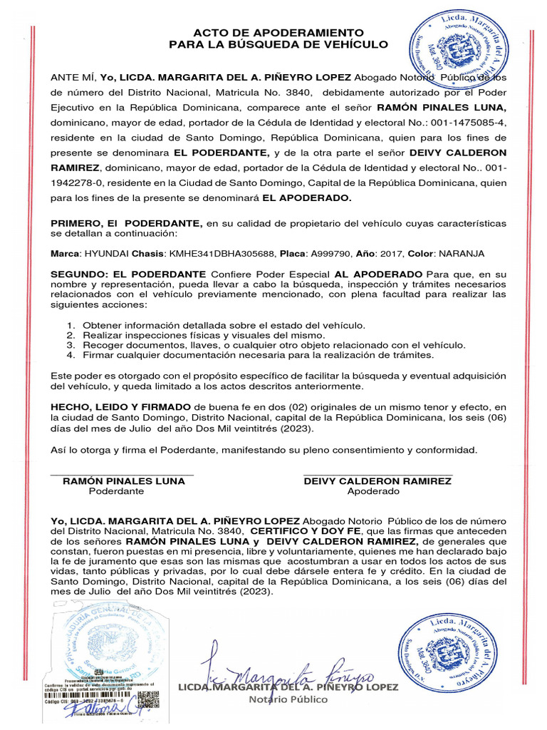 Acto de Apoderamiento | PDF | República Dominicana | Documento de identidad