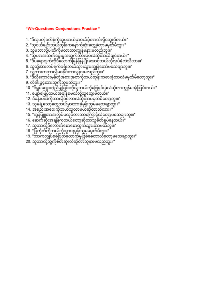 Wh-questions Conjunctions Practice Sheet | PDF
